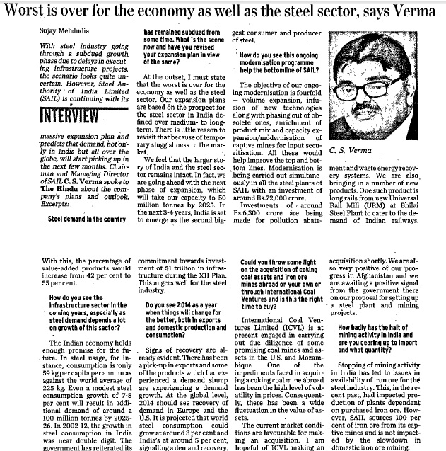 Worst, is over for the economy as well steel sector, says Verma | SAIL